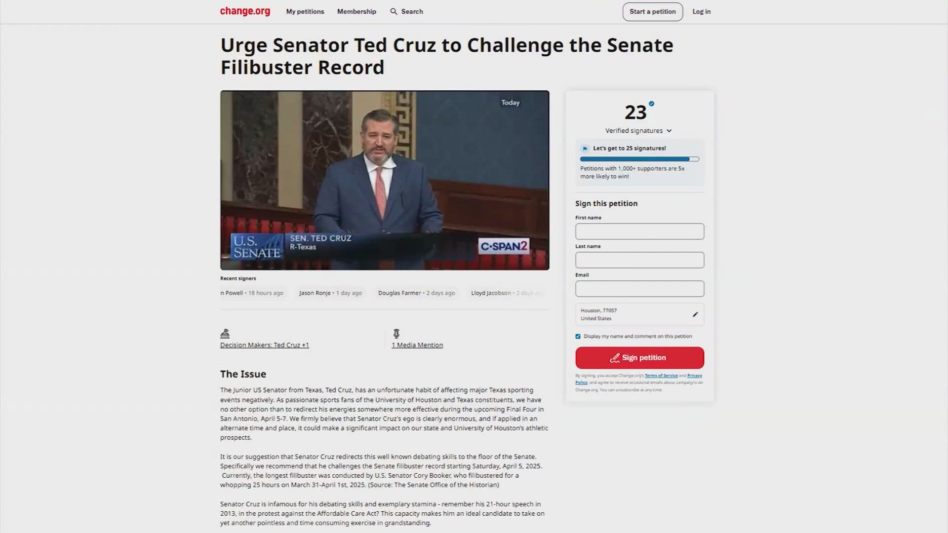 Ted Cruz petitioned to challenge Senate filibuster record over March ...