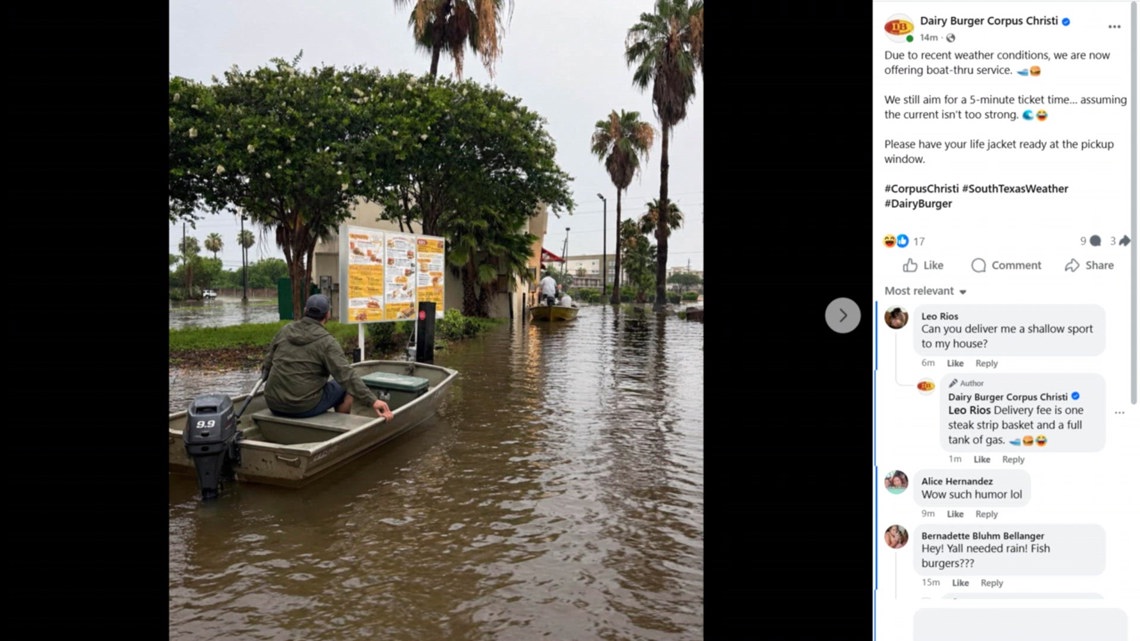 Dairy Burger has fun with flooding, offers ‘boat-Thru’ service | kiiitv.com