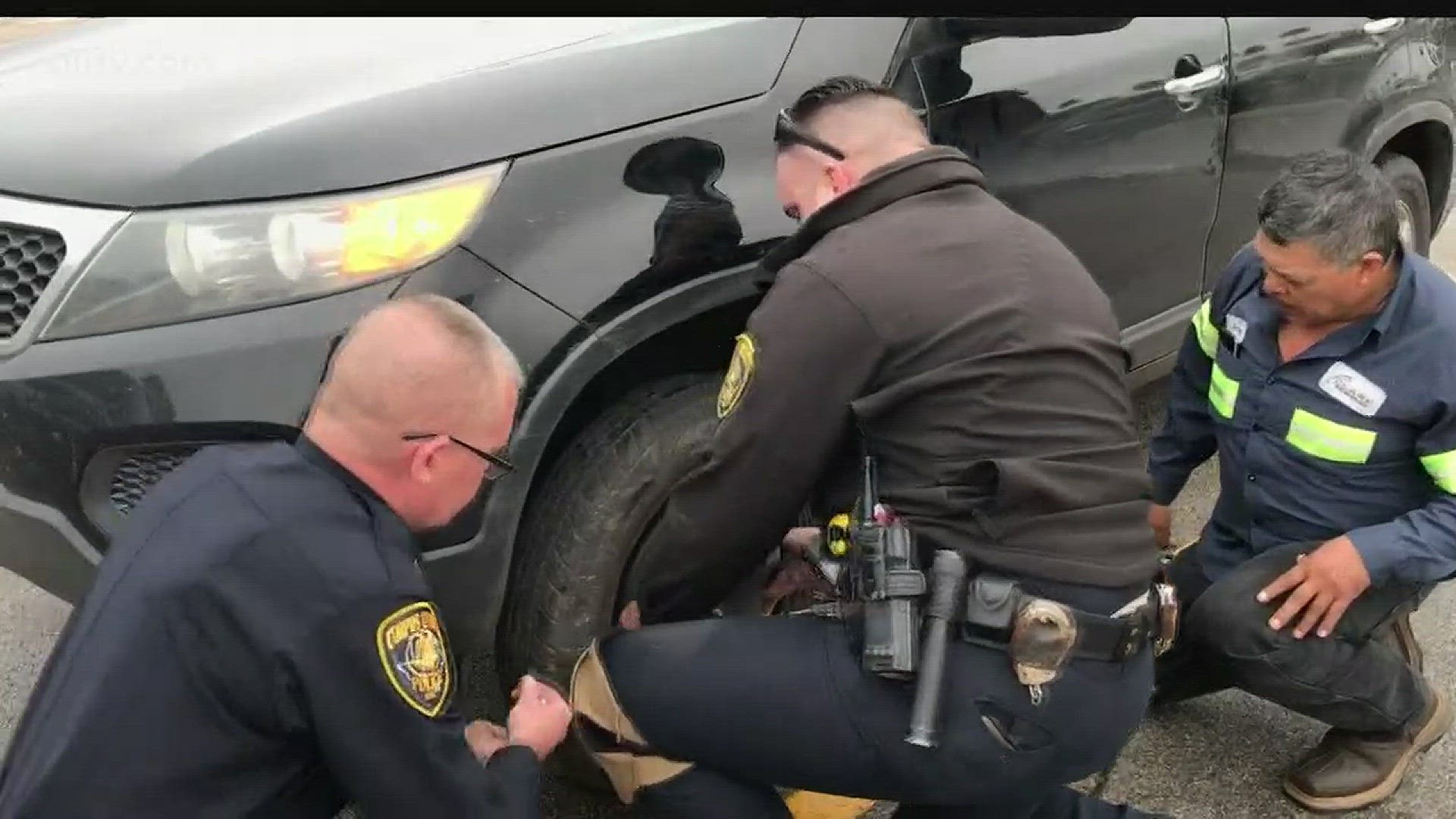 CCPD officers help woman change tire in parking lot | kiiitv.com