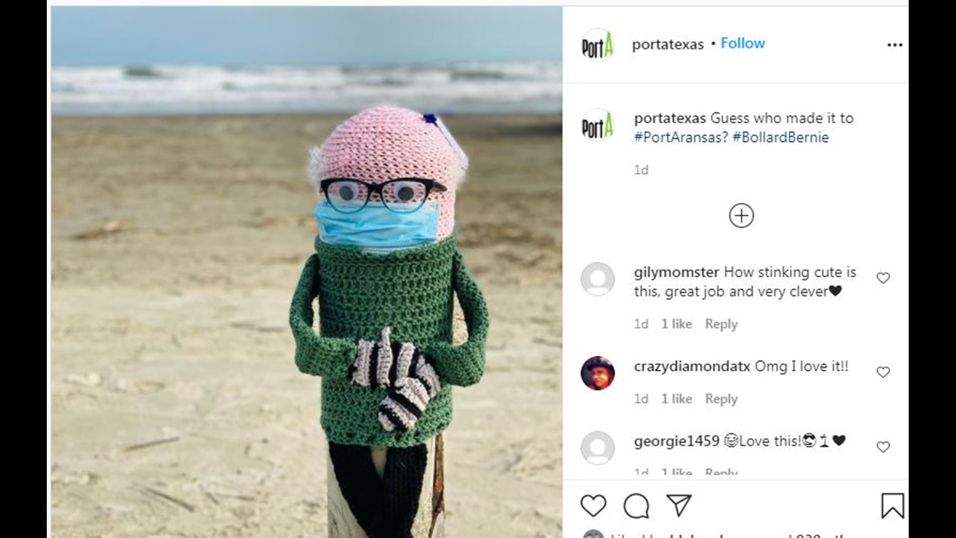 Bernie Sanders mittens Port Aransas bollard on the beach | kiiitv.com