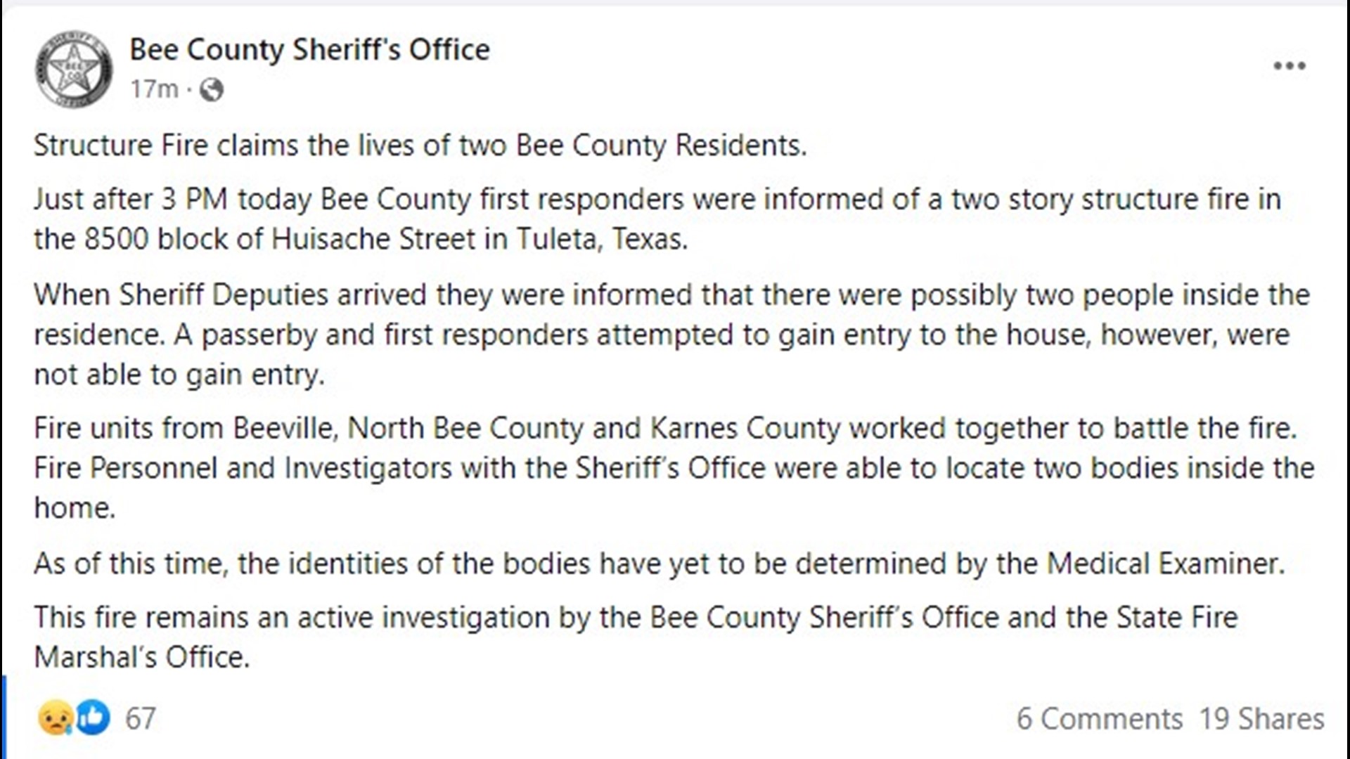 Fire in Bee County claims two residents | kiiitv.com