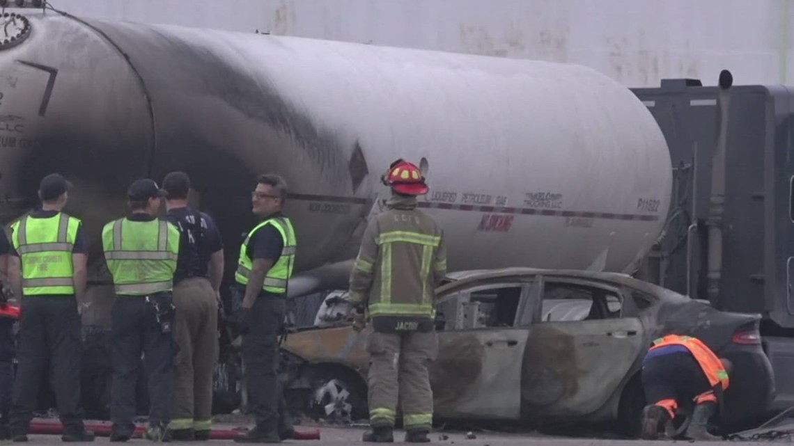 Fire breaks out after car crashes into parked tanker | kiiitv.com