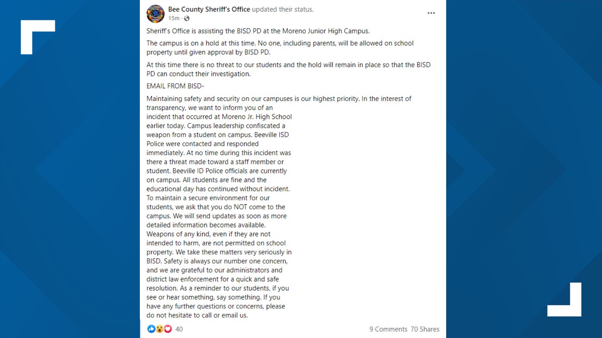 Moreno Junior High campus on lockdown | kiiitv.com