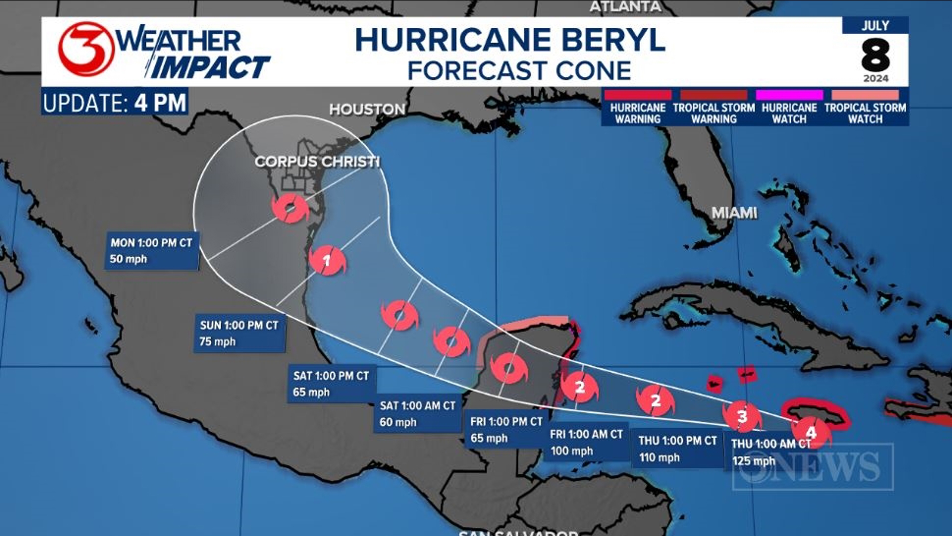 July 3rd 4 p.m. update: Hurricane Beryl Forecast to move through the ...